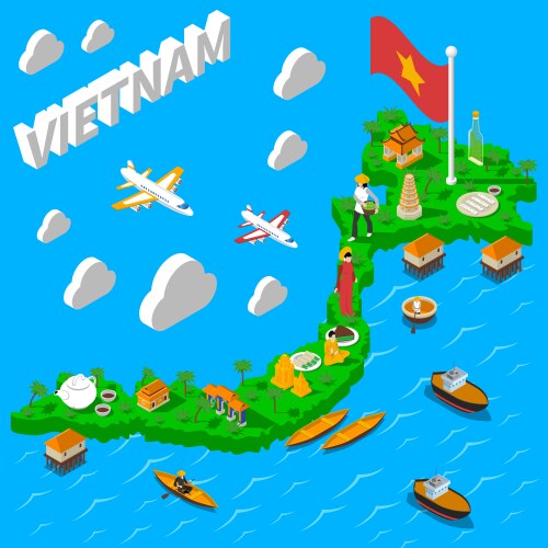Vietnam cartoon map with destinations elements Vector Image