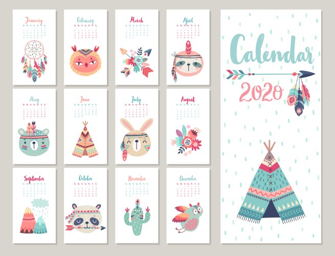 Colorful calendar for january 2020 in english set Vector Image