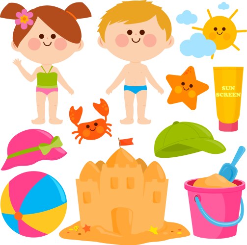 Kids at beach clipart set Royalty Free Vector Image