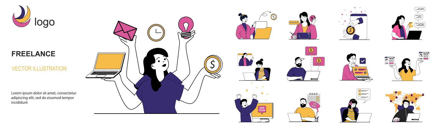 Flat set of 18 freelance characters on white Vector Image