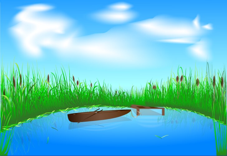Cartoon landscape with stork and lake Royalty Free Vector
