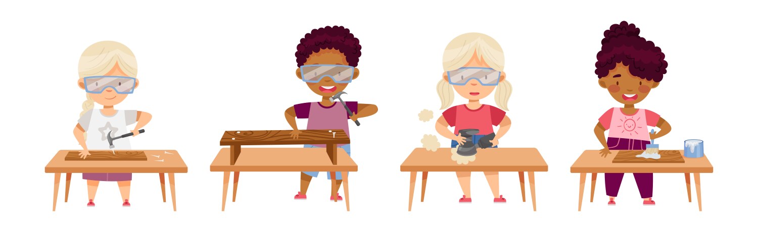 Children at table woodworking making items from Vector Image
