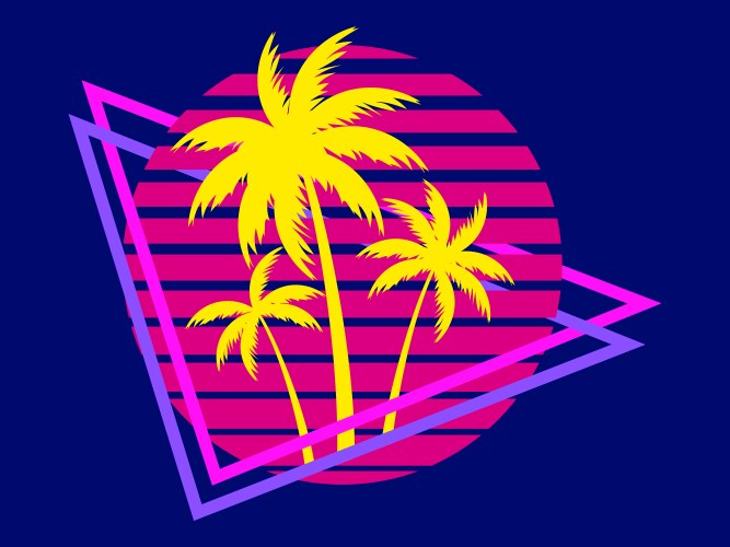 80s retro sci-fi palm trees on a sunset Royalty Free Vector