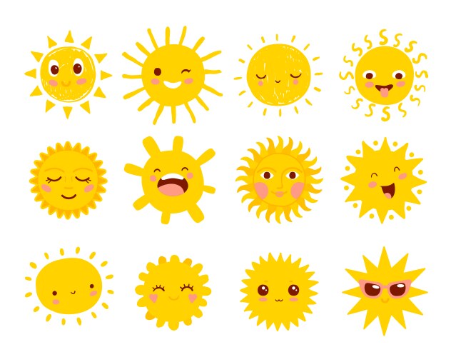 Cute cartoon sun emoji collection sunny smiling Vector Image