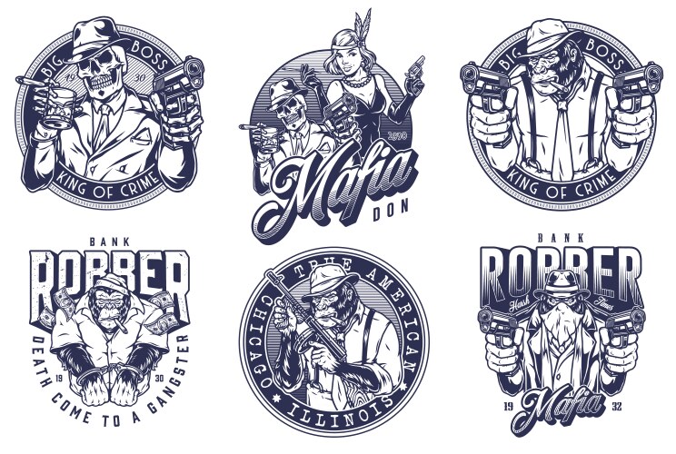 Collection of mafia characters badges Royalty Free Vector