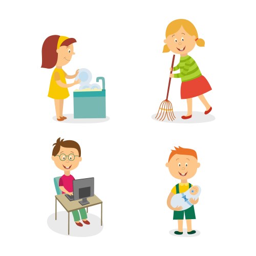 Cute adorable kids doing housework chores at home Vector Image
