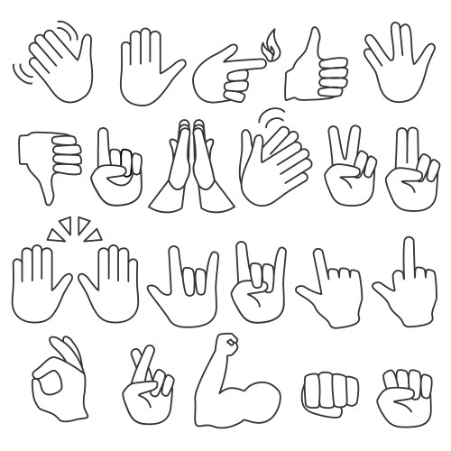 Hand gestures icons set with name Royalty Free Vector Image