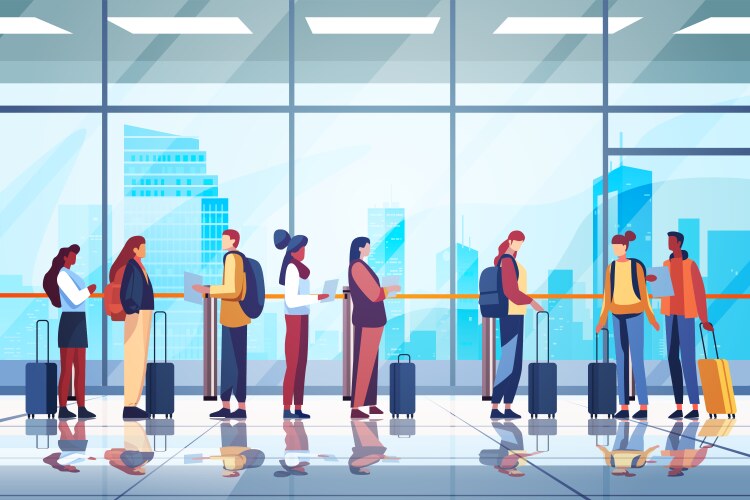 Passengers with luggage in arrival waiting room Vector Image