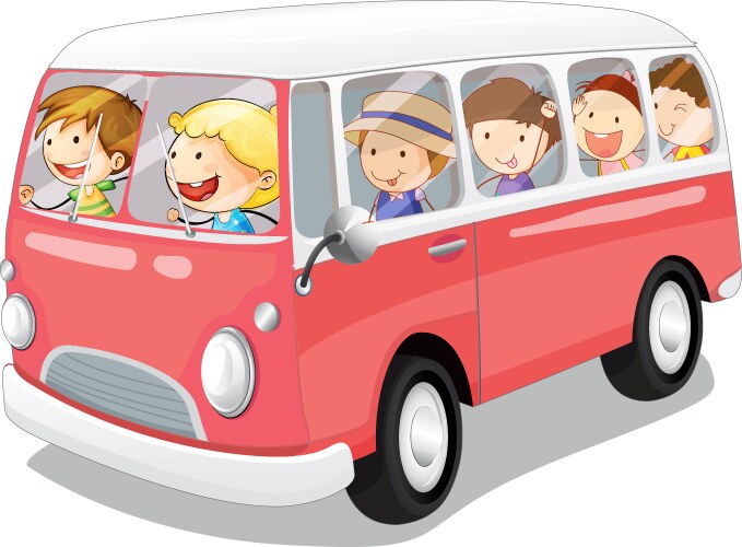 Happy school kids riding a bus Royalty Free Vector Image