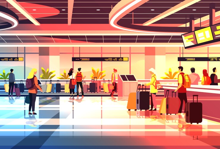Passengers with luggage in arrival waiting room Vector Image