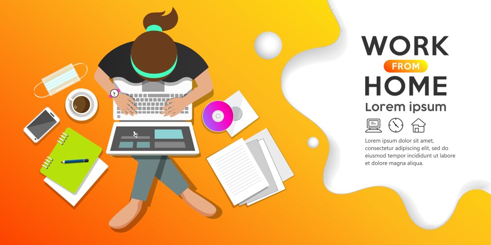 Man work from home desk top view poster design Vector Image