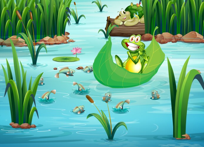 Cartoon frog on a leaf in the pond Royalty Free Vector Image