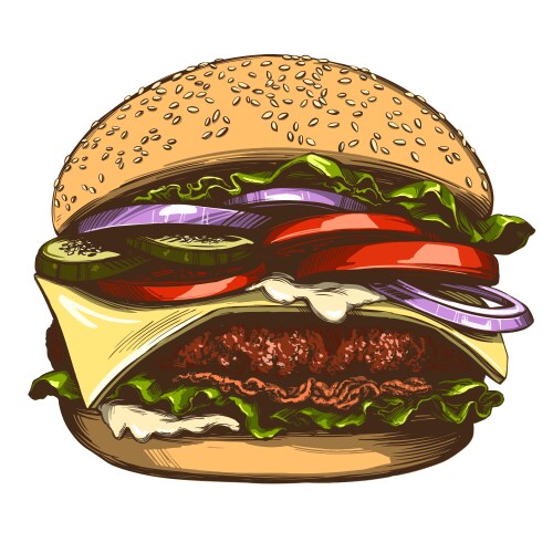 Big juicy burger Royalty Free Vector Image - VectorStock