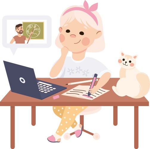 Cartoon little girl studying and writing Vector Image