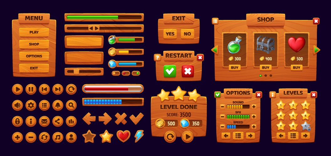 Wooden Button Cartoon Interface Ui Or Game Gui Vector Image