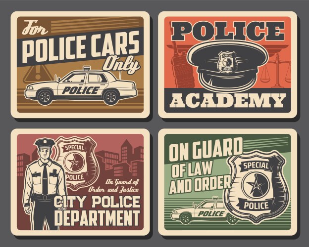 Law office police academy and court retro posters Vector Image