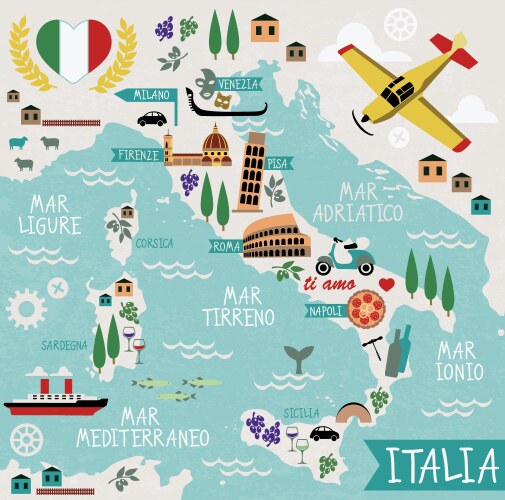 Colorful italy travel map with attraction symbols Vector Image