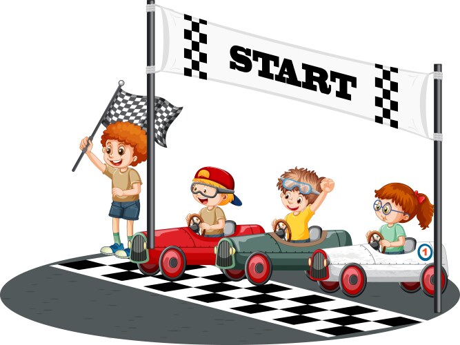 Three kids playing car racing Royalty Free Vector Image