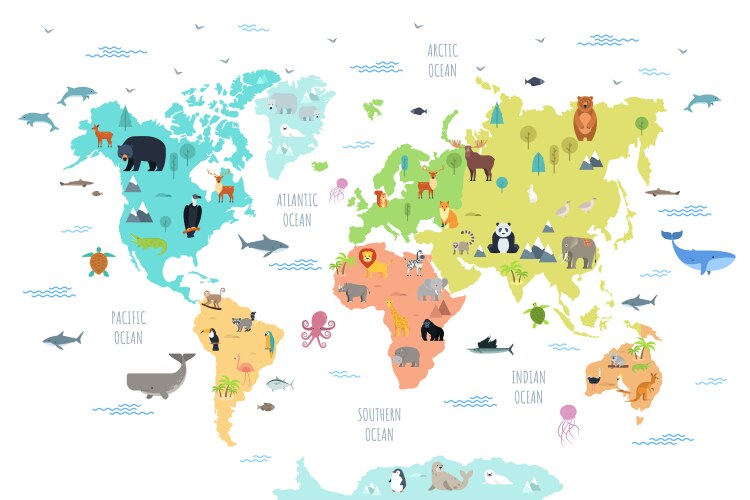 World map with wild animals Royalty Free Vector Image