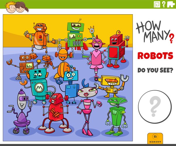 Counting cartoon robots educational task for kids Vector Image