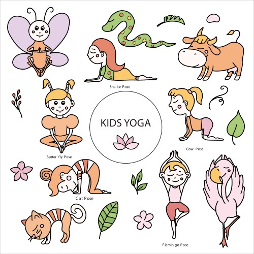 Set of kids yoga animal poses and tropical leaves Vector Image