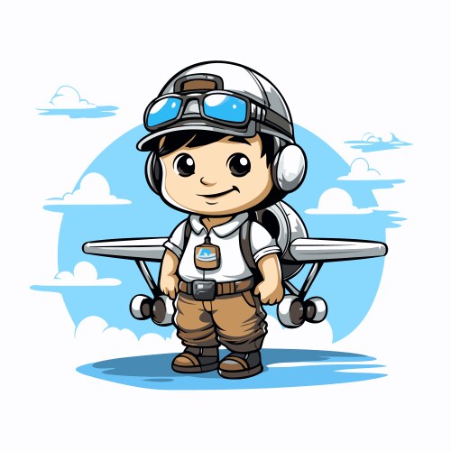 Cute little boy pilot with airplane cartoon Vector Image