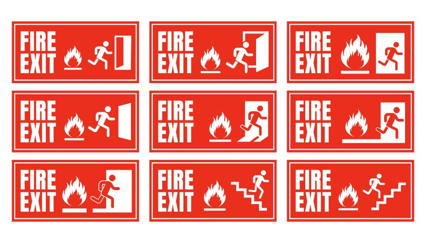 Exit door sign set emergency fire label Royalty Free Vector