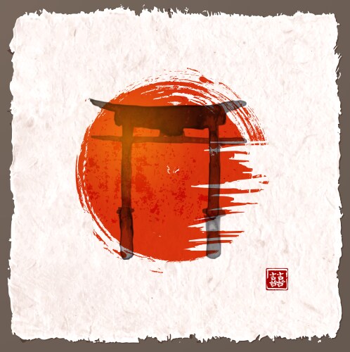 Ink wash painting of landscape with sacred torii Vector Image