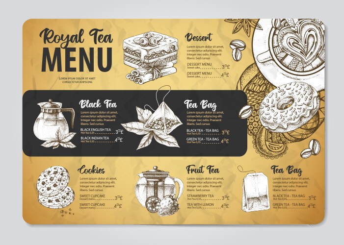 Restaurant royal tea menu design Royalty Free Vector Image