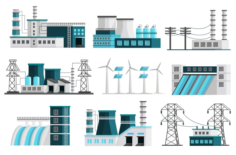 Modern power plants collection gas nuclear Vector Image
