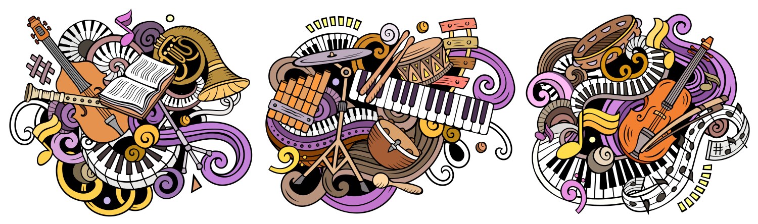Classical music cartoon doodle designs set Vector Image