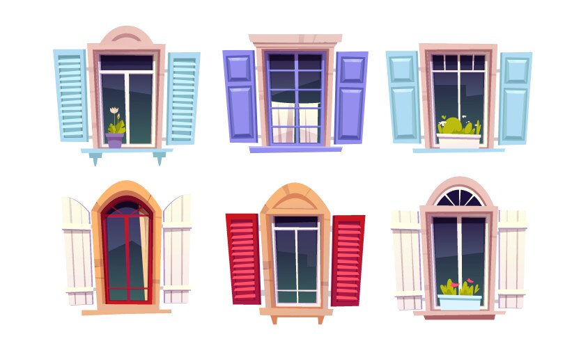 Cartoon windows with open shutters and curtains Vector Image