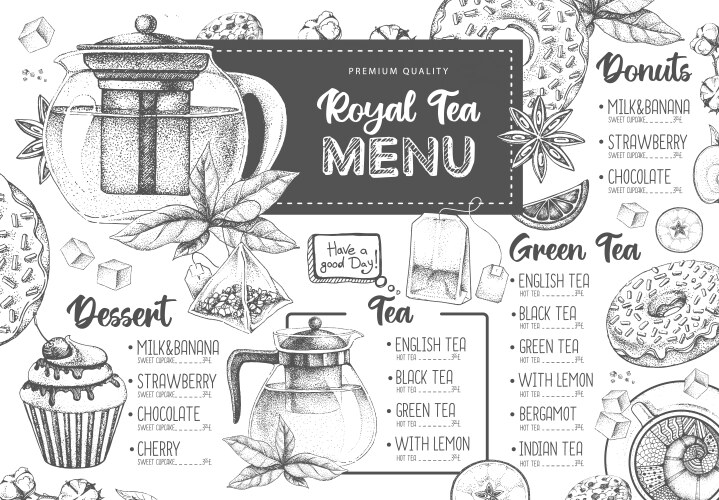 Hand drawing artistic restaurant royal tea menu Vector Image