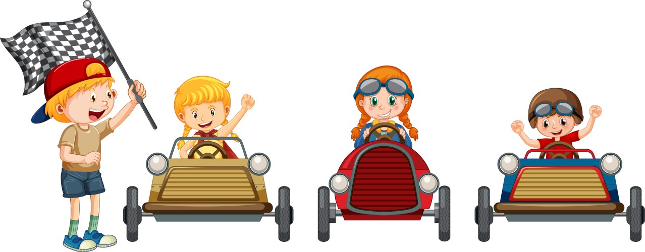 Three kids playing car racing Royalty Free Vector Image