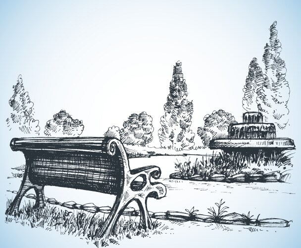 Park sketch a wooden bench under the tree Vector Image