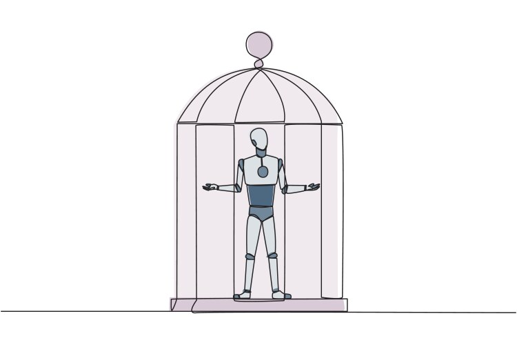 Single one line drawing robotic trapped Royalty Free Vector