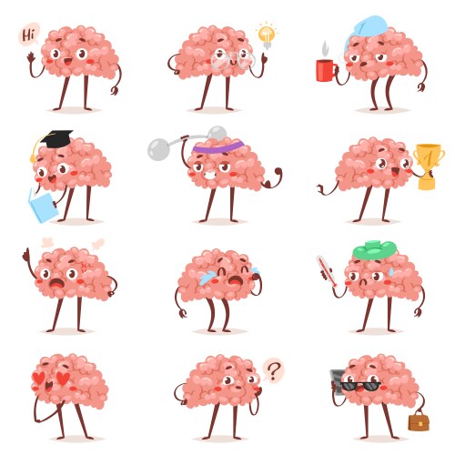 Brain character emoji emoticons set funny cartoon Vector Image
