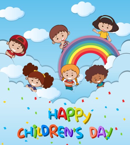 Happy children on fluffy clouds and rainbow Vector Image