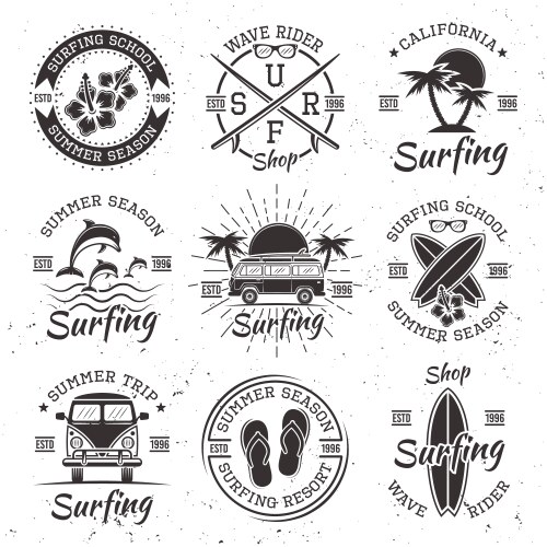 Vintage surf logos monochrome set Royalty Free Vector Image