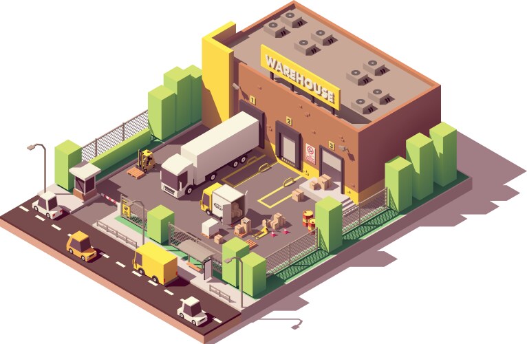 Warehouse building trucks and load machines Vector Image