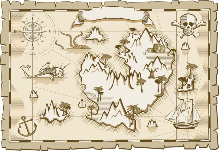 Pirate treasure map with compass and ships Vector Image