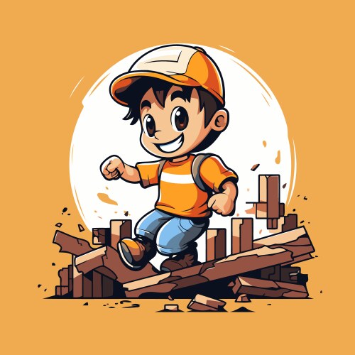 Cartoon boy building a brick wall of bricklayer Vector Image