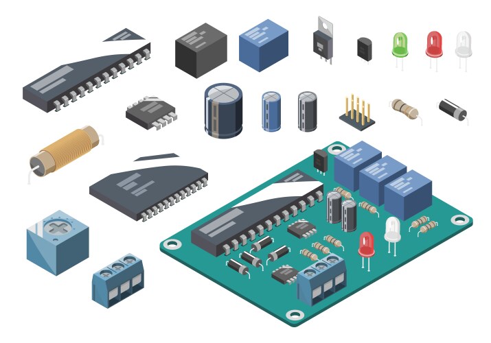 Big set of isometric electronic components Vector Image