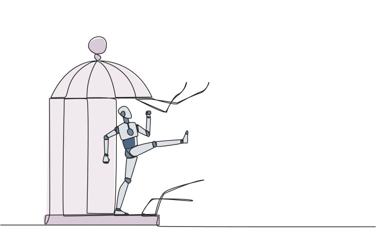 Single one line drawing robot trapped in the cage Vector Image