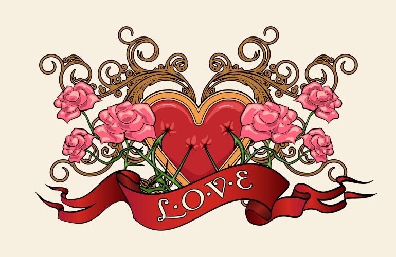 Old school tattoo of heart and roses Royalty Free Vector