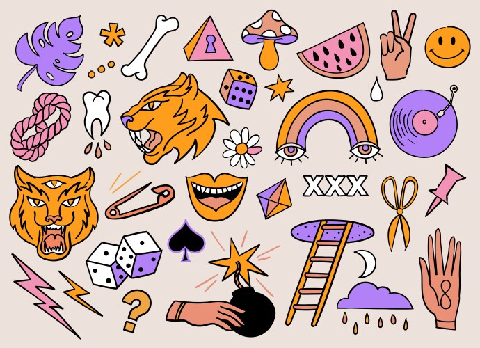 Set of hippie retro vintage icons in 70s-80s style