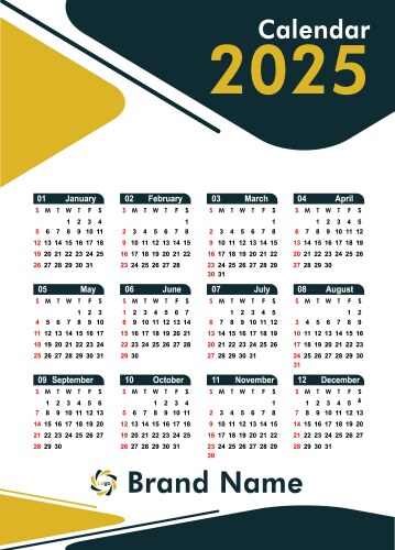 Professional annual calendar 2025 Royalty Free Vector Image
