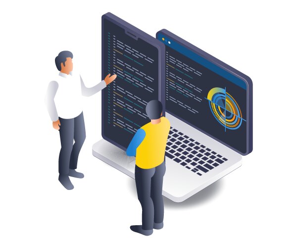 Team working with computer technology systems Vector Image