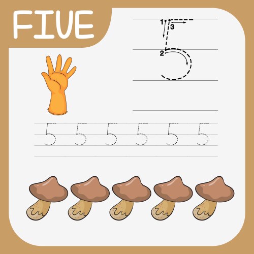 Number five tracing worksheets Royalty Free Vector Image