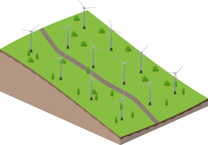 Isometric scene of wind turbines generating Vector Image Isometric scene of wind turbines generating Vector Image